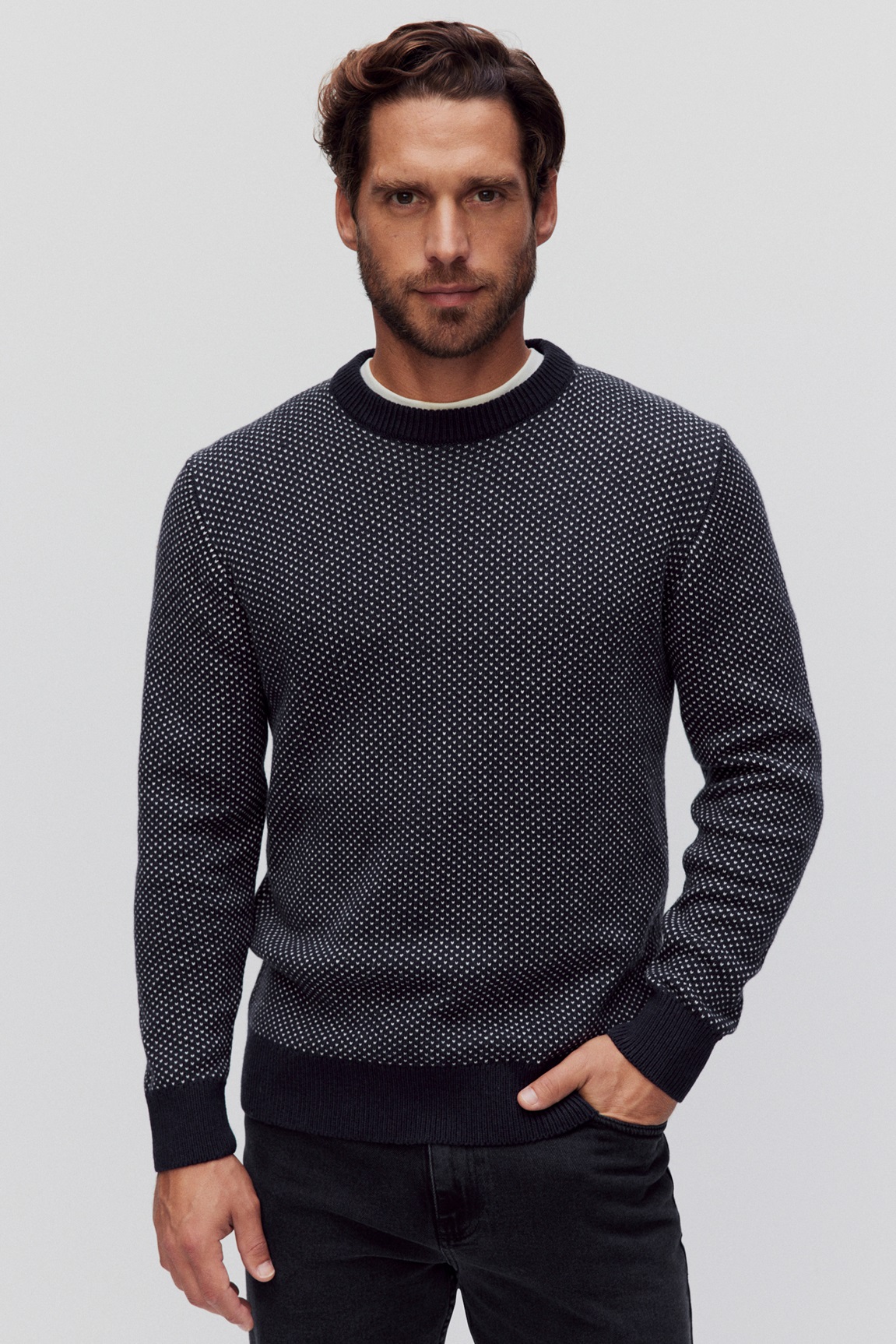 Dobber Peter Jacquard Crew Neck Dark Blue | MQ Marqet